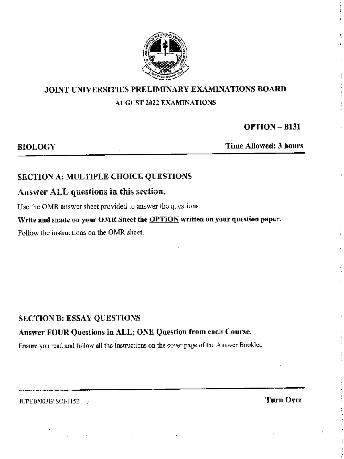 AUGUST 2022 EXAMINATIONS OPTION B131 BIOLOGY - MCQ & ESSAY - Studocu