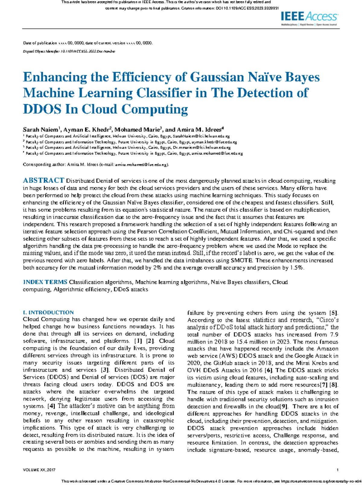 Enhancing GNB Classifier Efficiency for DDoS Detection in Cloud ...