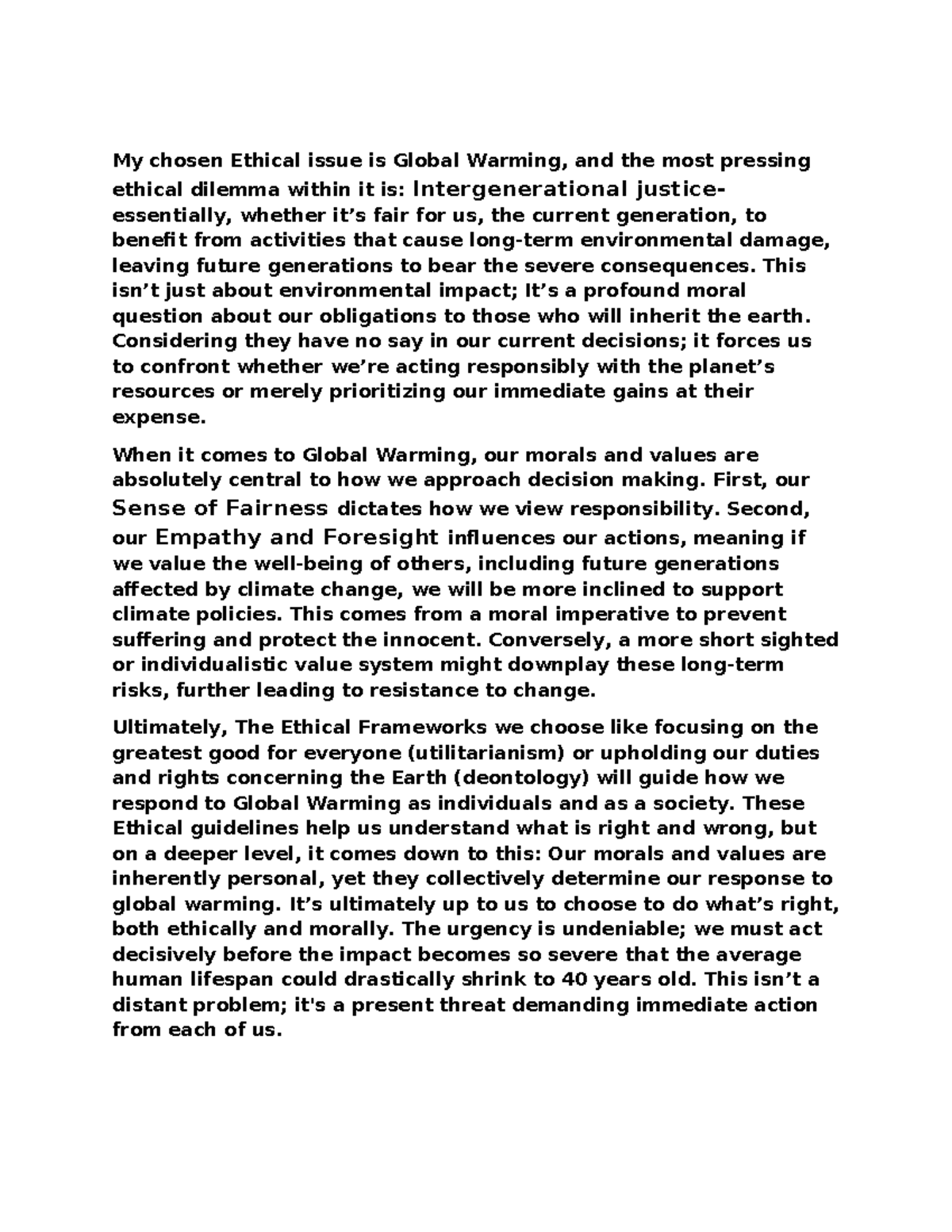 Ethical Dilemma of Global Warming: Intergenerational Justice - Studocu