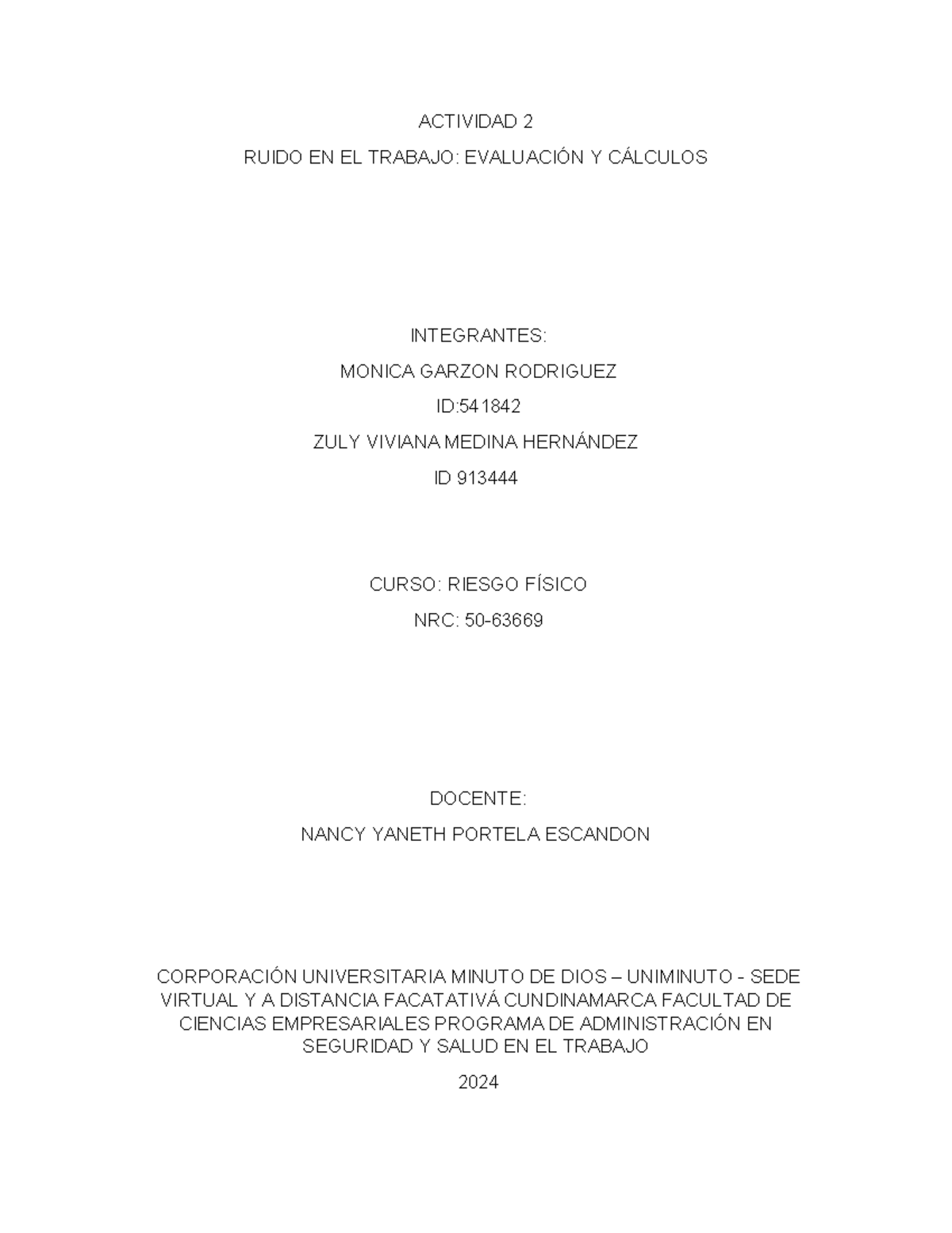 Actividad 2: Evaluación del Ruido en el Trabajo - Riesgo Físico (NRC 50 ...