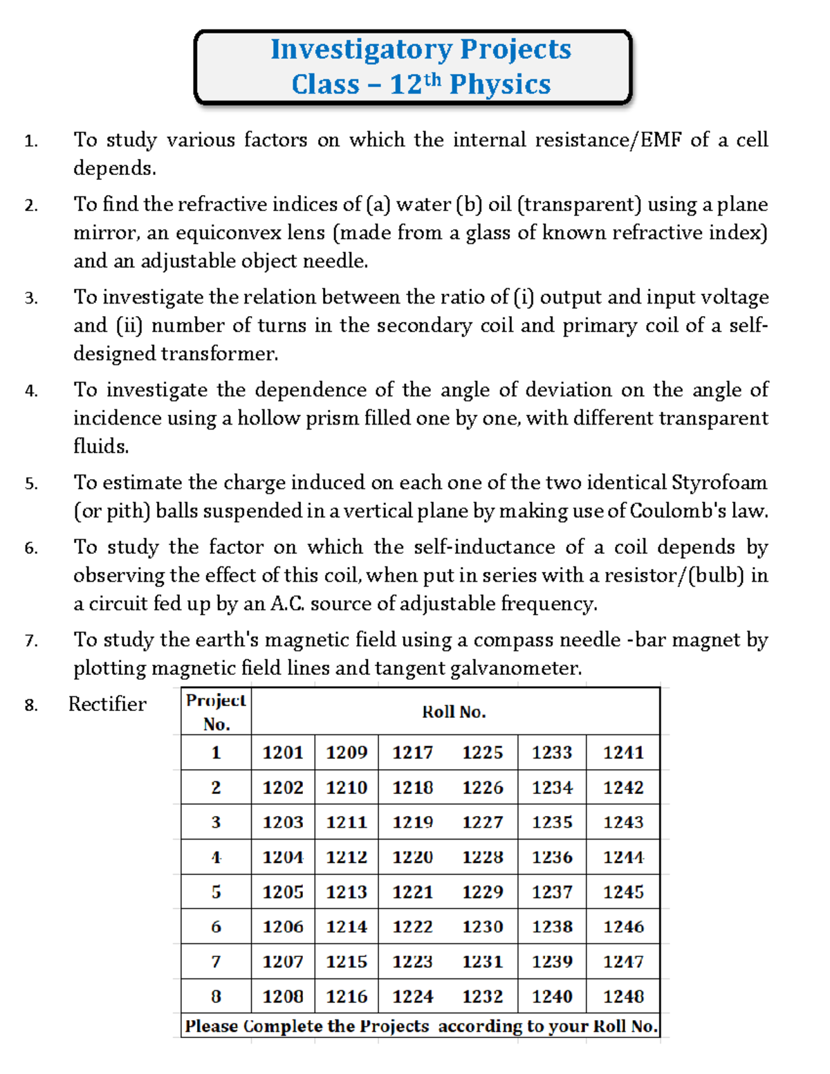 Investigatory Projects for Class 12 Physics: Experiments & Studies ...