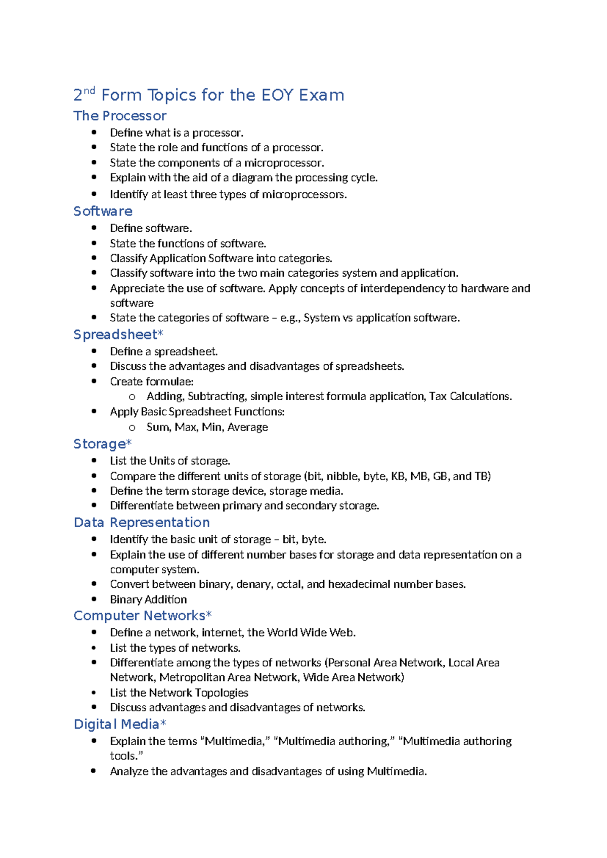 2nd Form EOY Exam Topics: Processors, Software & Networks - Studocu