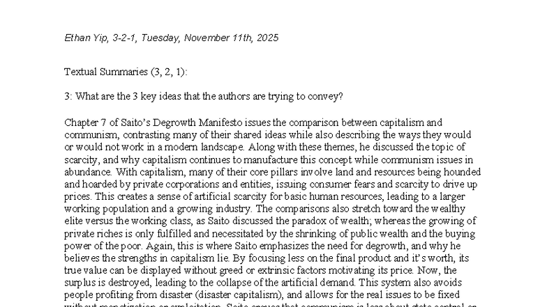 Textual Summaries (3, 2, 1) for Degrowth Manifesto - Chapter 7 Analysis ...