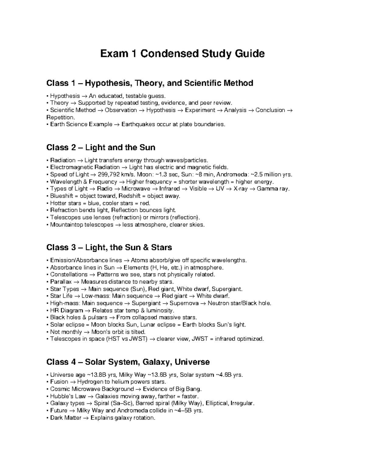"ES 101 Exam 1 Condensed Study Guide: Hypothesis, Light & Stars" - Studocu
