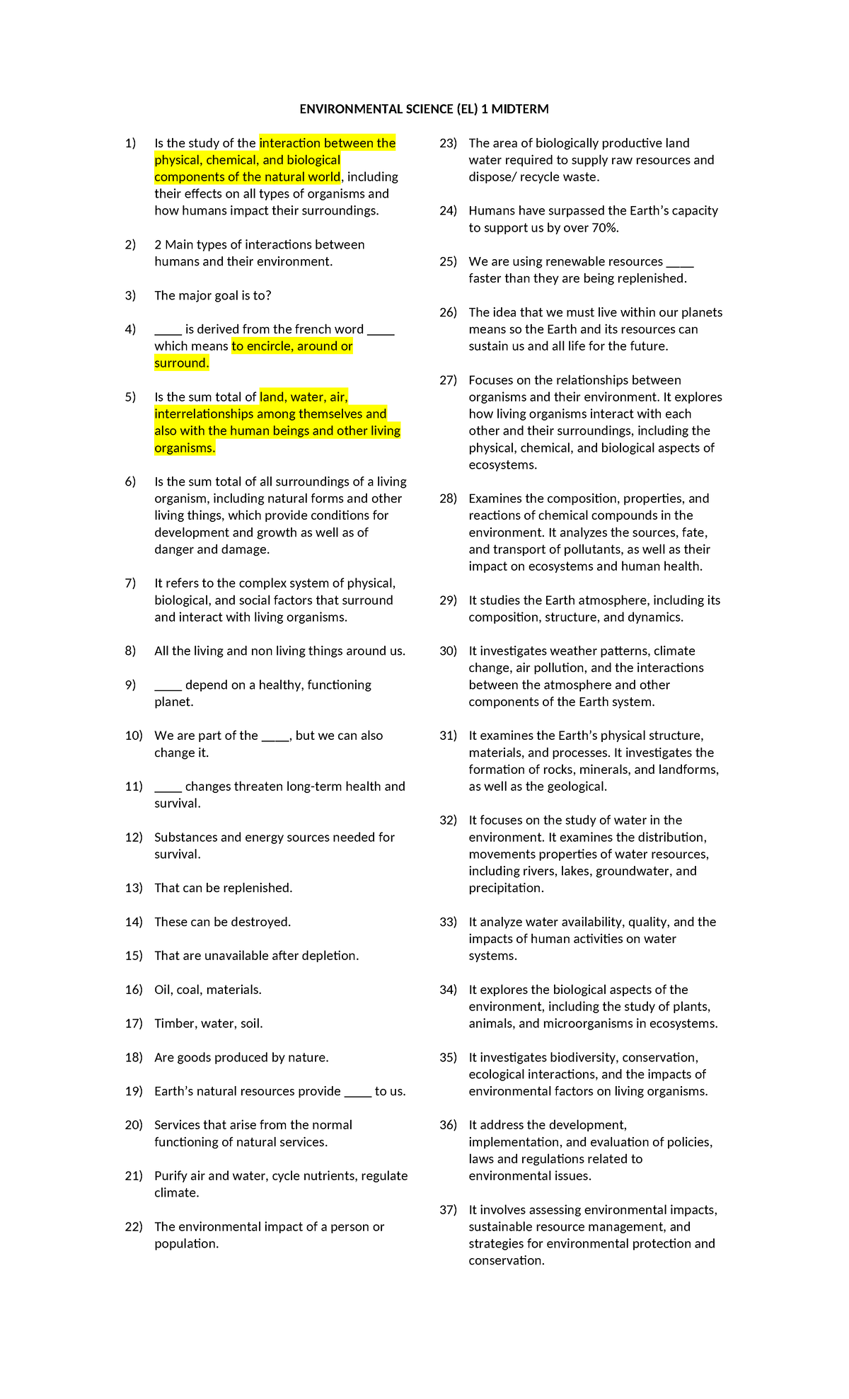 EL 1 Environmental Science Midterm Study Guide and Key Concepts - Studocu
