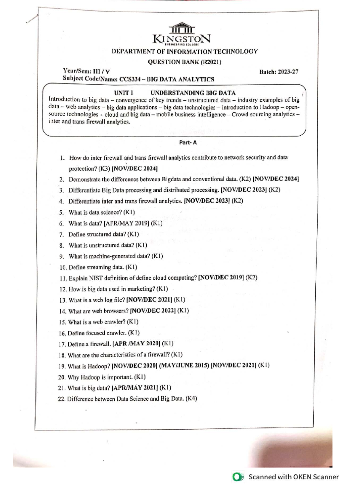 BDA CCS334 Question Bank: Big Data Analytics Unit I & II - Studocu