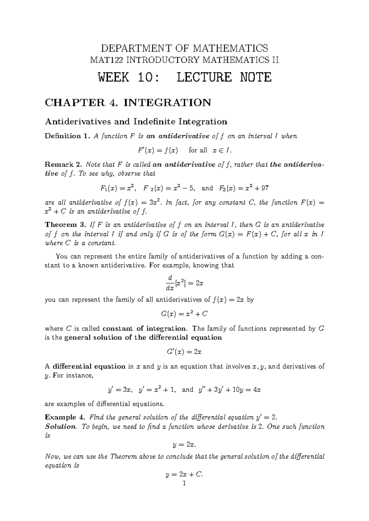 MAT122 Week 10 Lecture Notes: Integration and Antiderivatives - Studocu