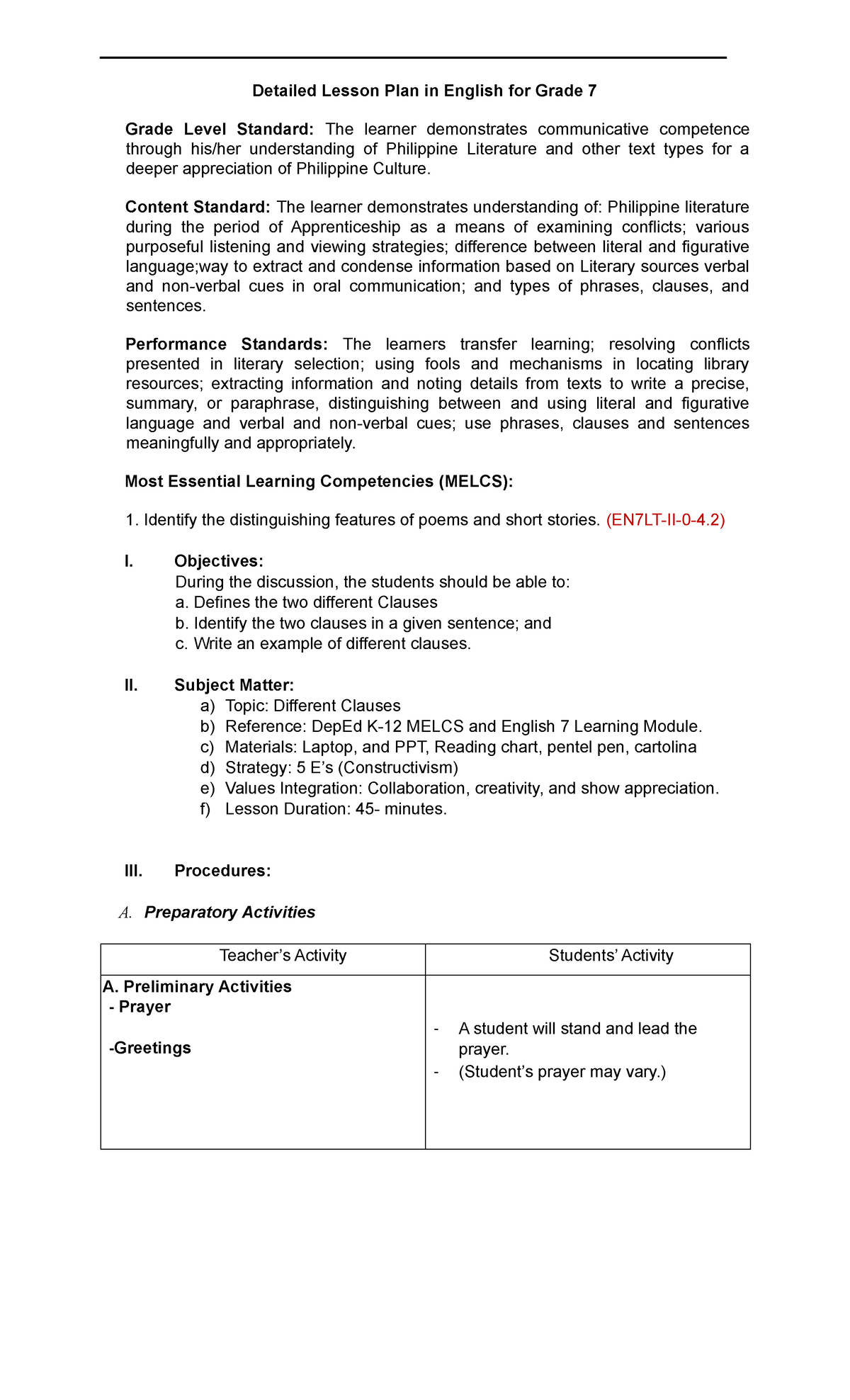 Grade 7 English Lesson Plan: Exploring Elements of Prose - Studocu