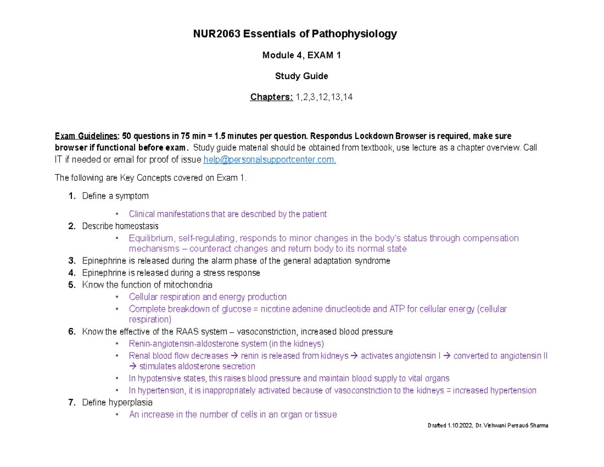 NUR2063 Essentials of Pathophysiology Exam 1 Study Guide - Studocu