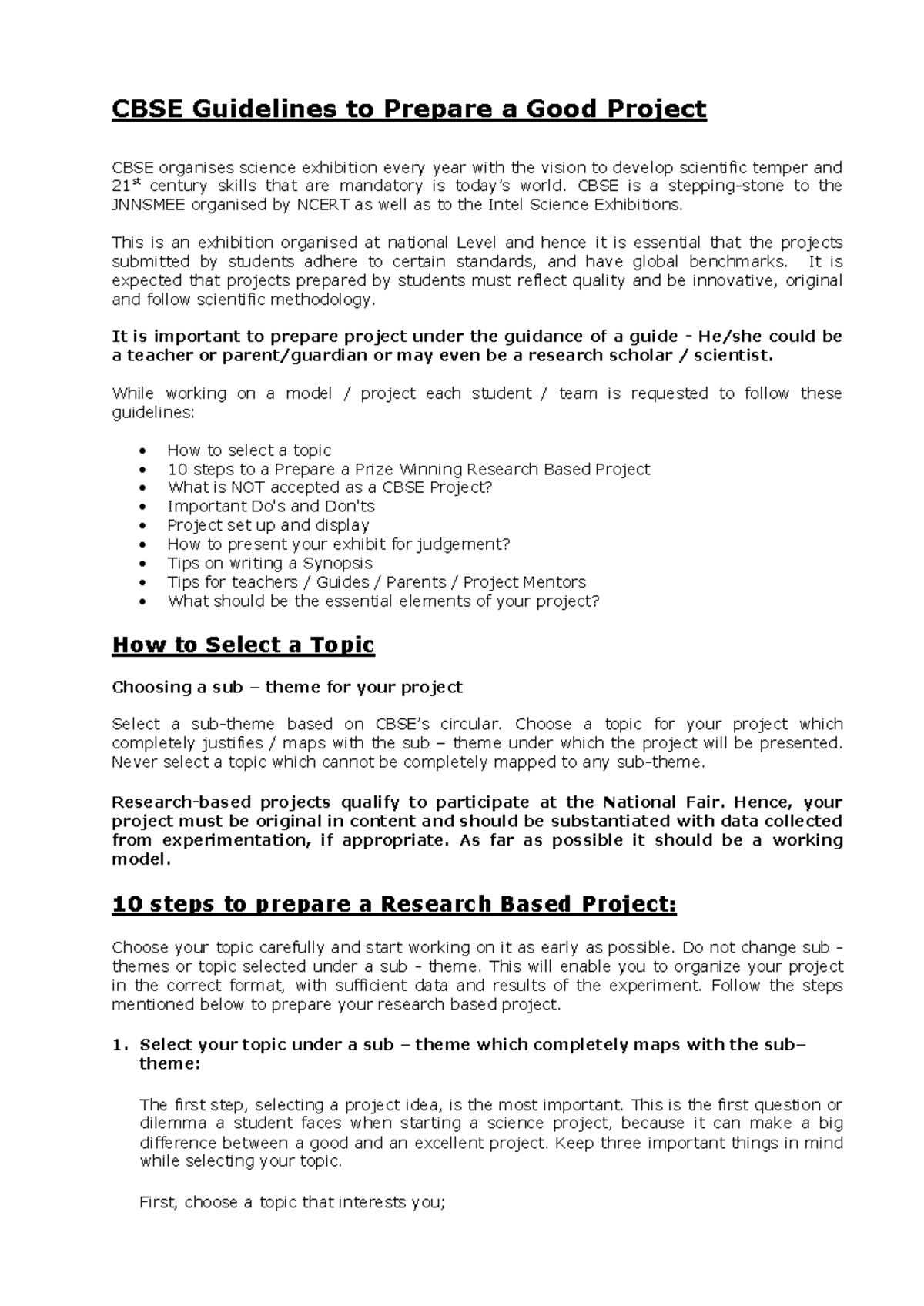 CBSE Guidelines for Preparing a Winning Science Project - Studocu