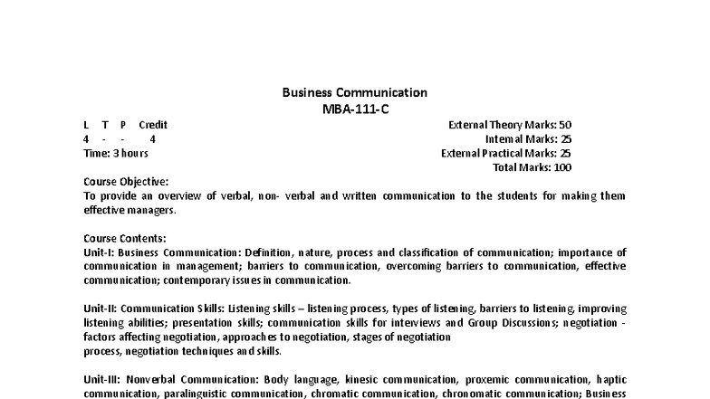 Business Communication Syllabus (L T P Credit 4) - Studocu
