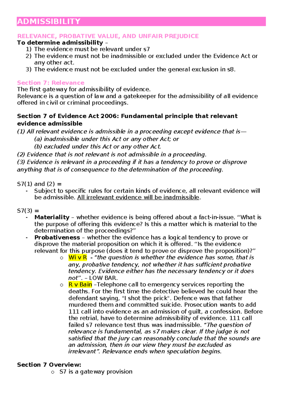 Final Exam Notes: Admissibility of Evidence in Legal Proceedings - Studocu