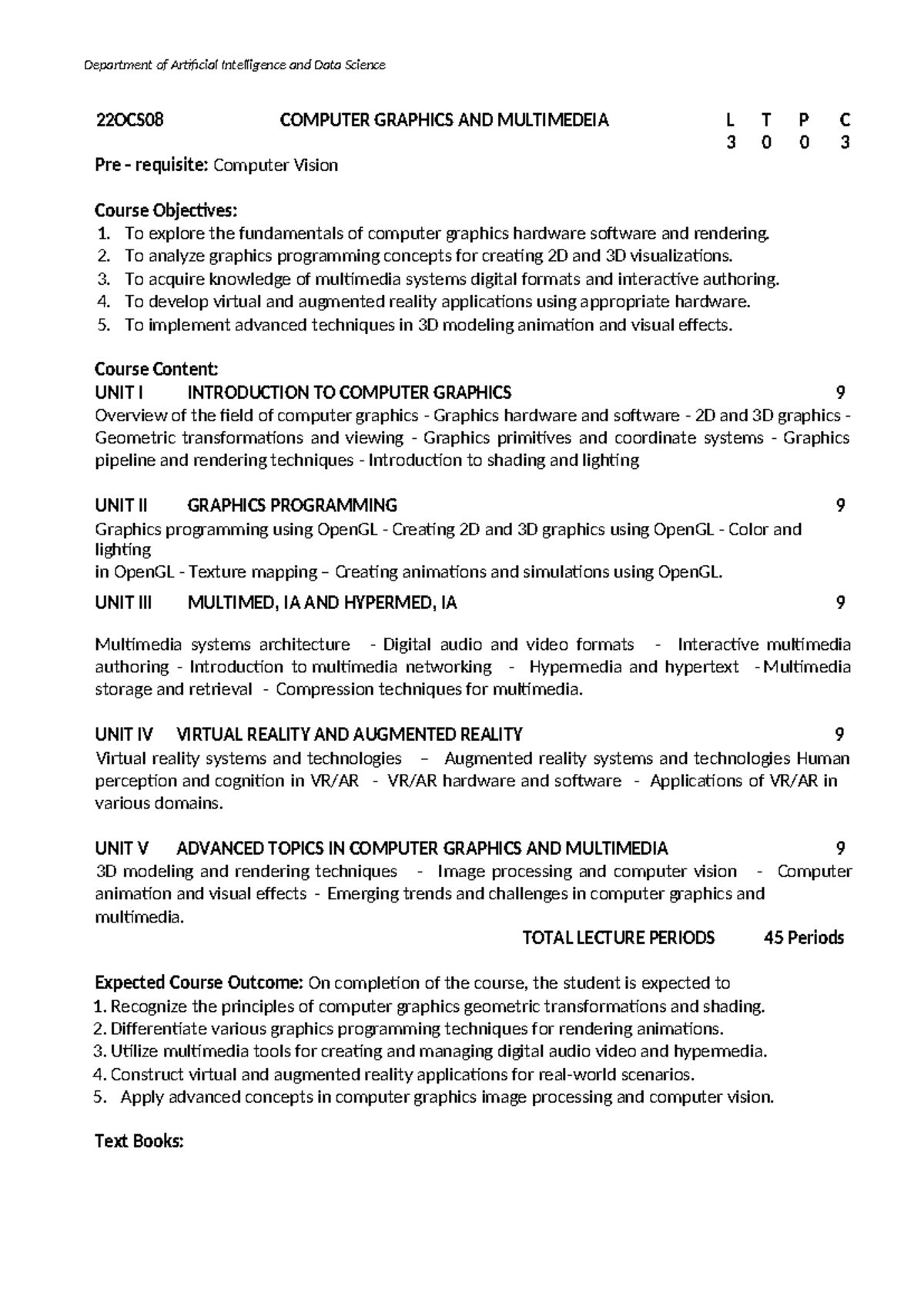 22OCS08 COMPUTER GRAPHICS AND MULTIMEDIA Syllabus Overview - Studocu