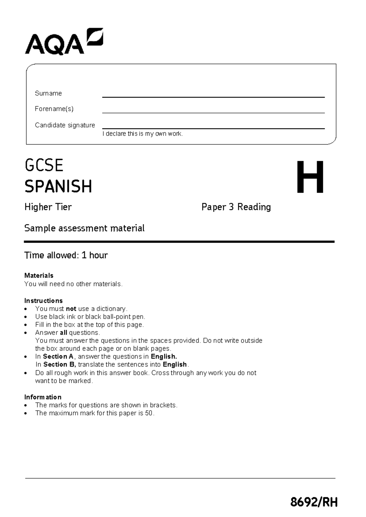 AQA 8692/RH Higher Tier Spanish Paper 3 Reading Sample Questions - Studocu