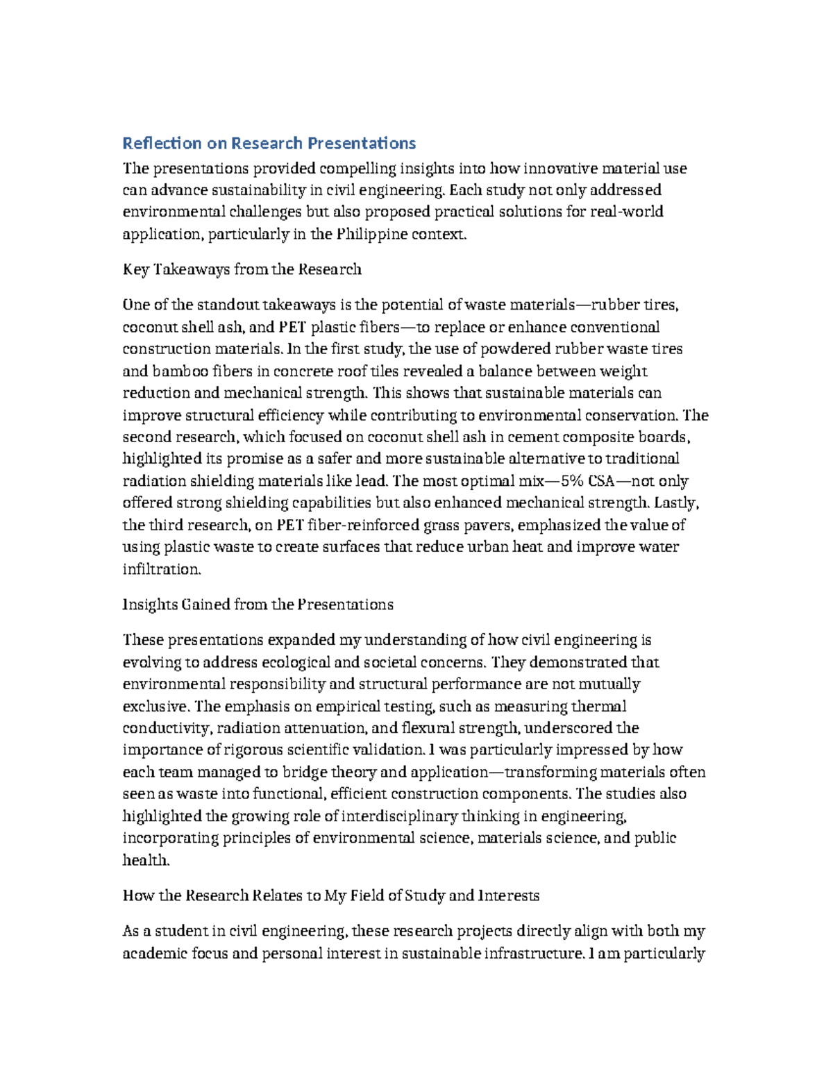 Reflection on Research Presentations in Civil Engineering - Studocu