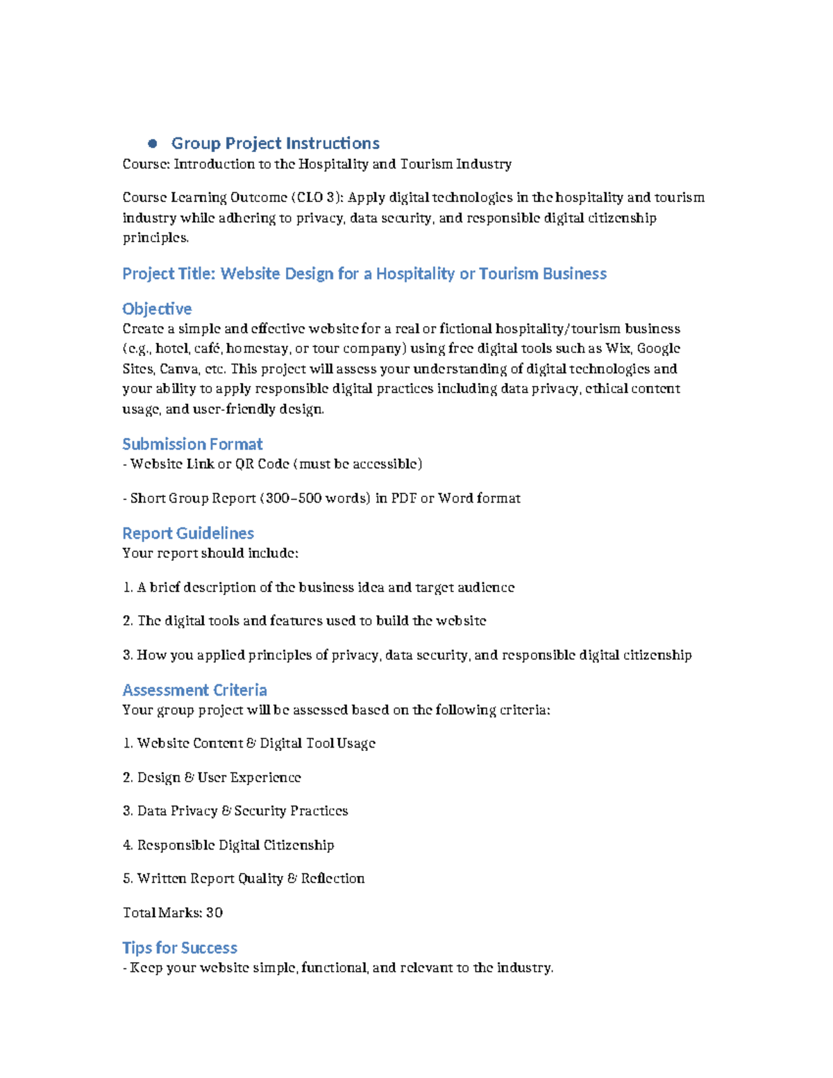 Group Project Instructions: Website Design for Hospitality & Tourism ...