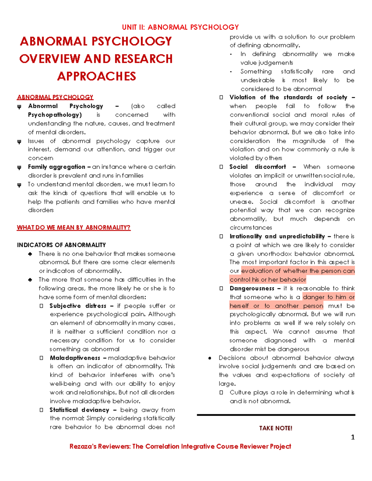 UNIT II: ABNORMAL PSYCHOLOGY - OVERVIEW & RESEARCH APPROACHES REVIEWER ...