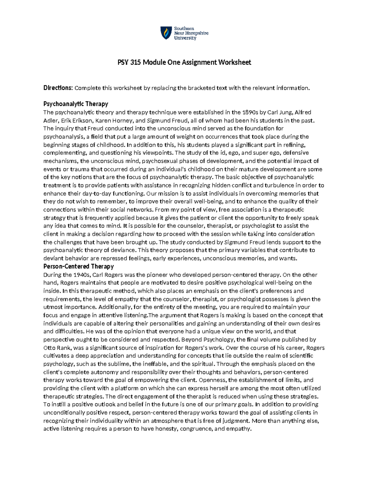 PSY 315 Psychoanalytic & Person-Centered Therapy Assignment Worksheet ...