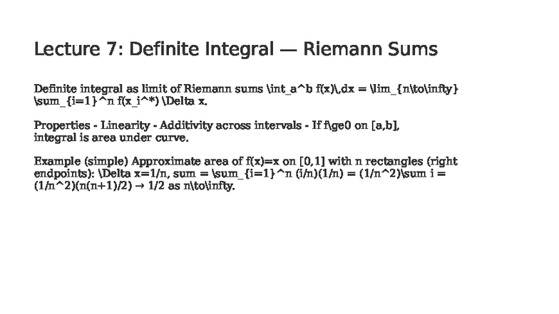 Lecture 7 - Course notes - MATH 100 - Lecture 7: Definite Integral ...