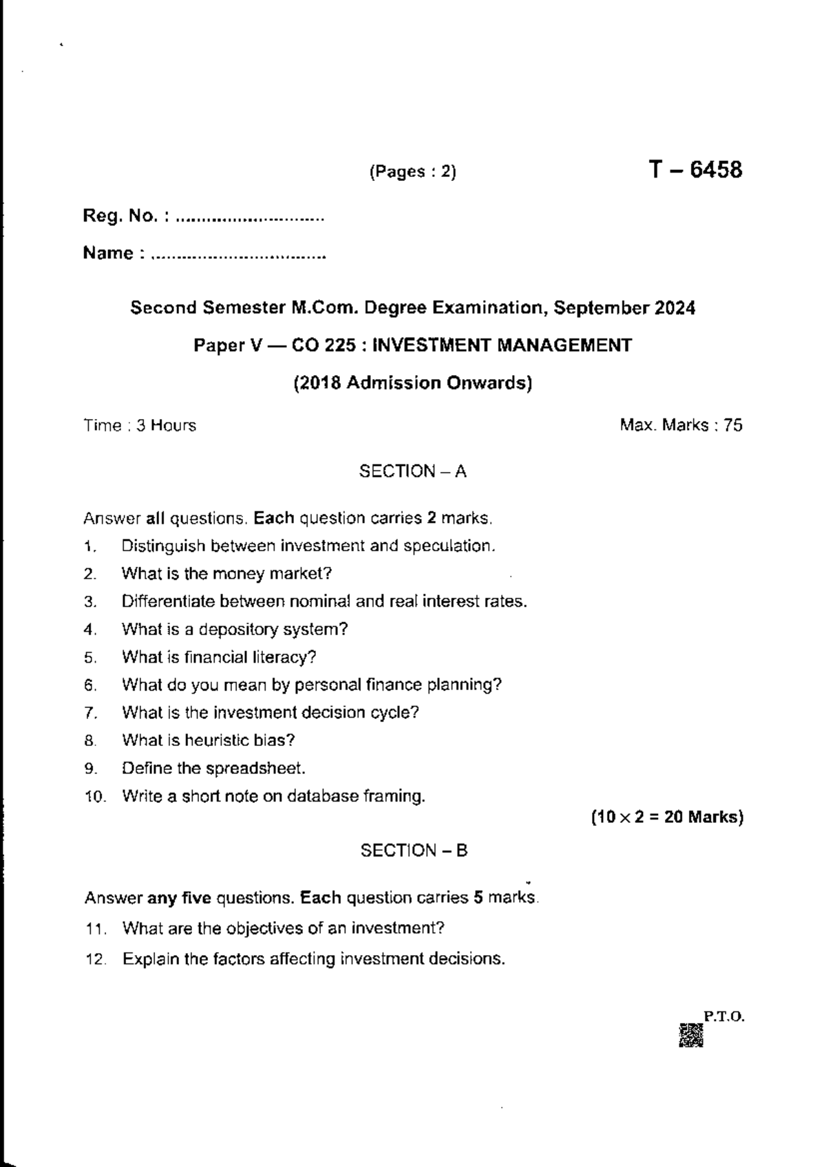 S2 MCOM Finance 2024 - Investment Management Exam Paper CO 225 - Studocu