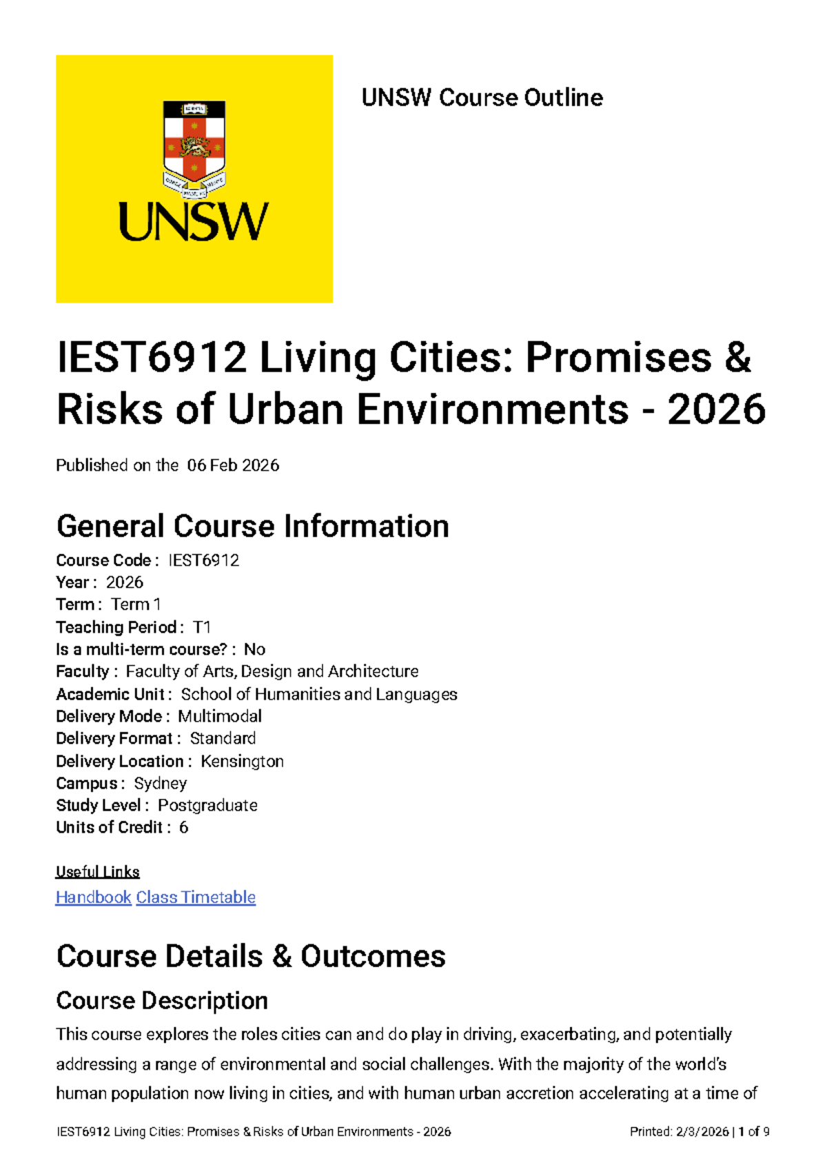 IEST6912 Living Cities: Urban Environments Course Outline 2026 T1 - Studocu
