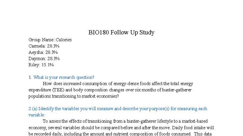 D Calories Follow up study - BIO180 Follow Up Study Group Name ...