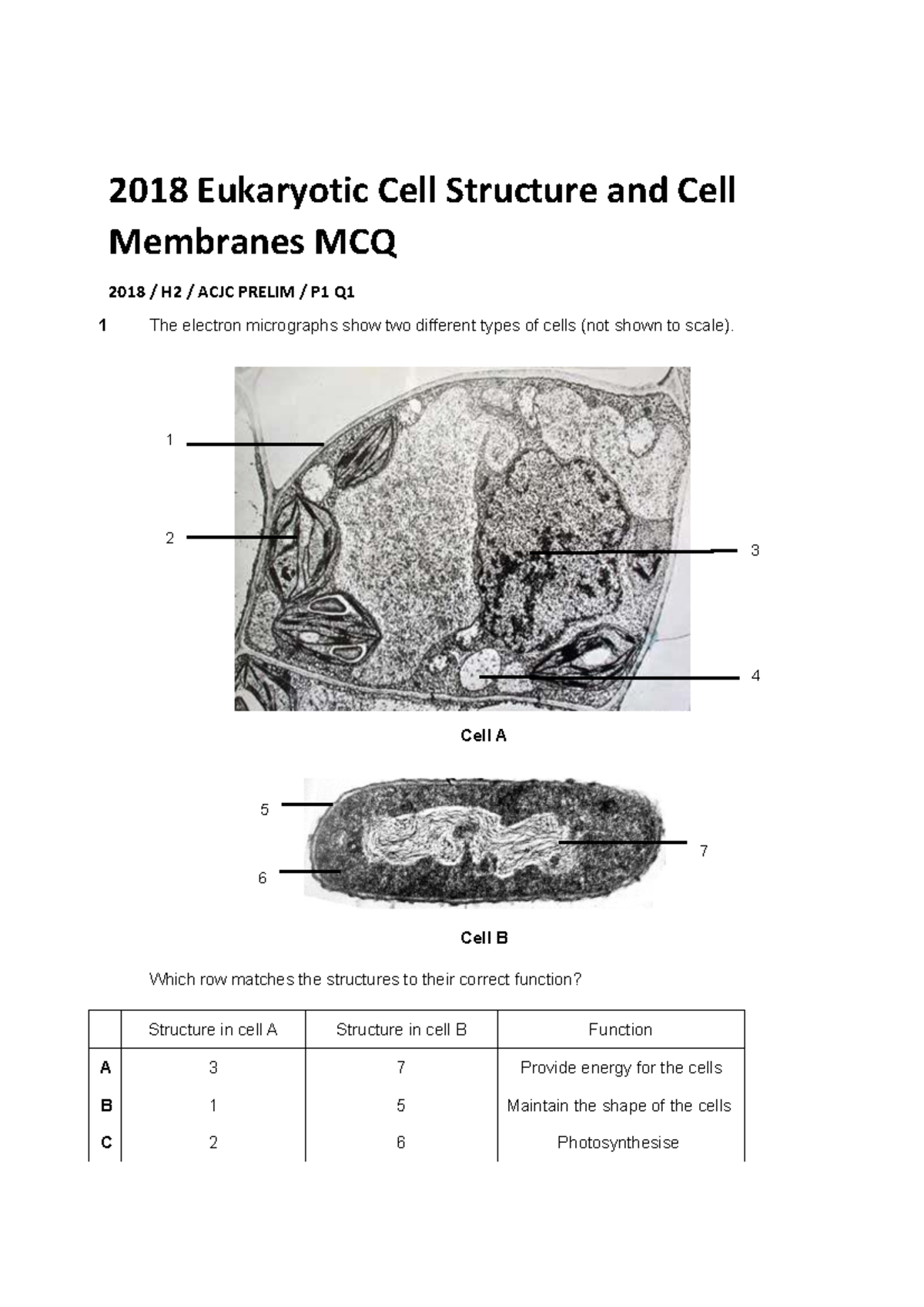 2018 H2 ACJC PRELIM Cell Structure & Membranes MCQ Review - Studocu