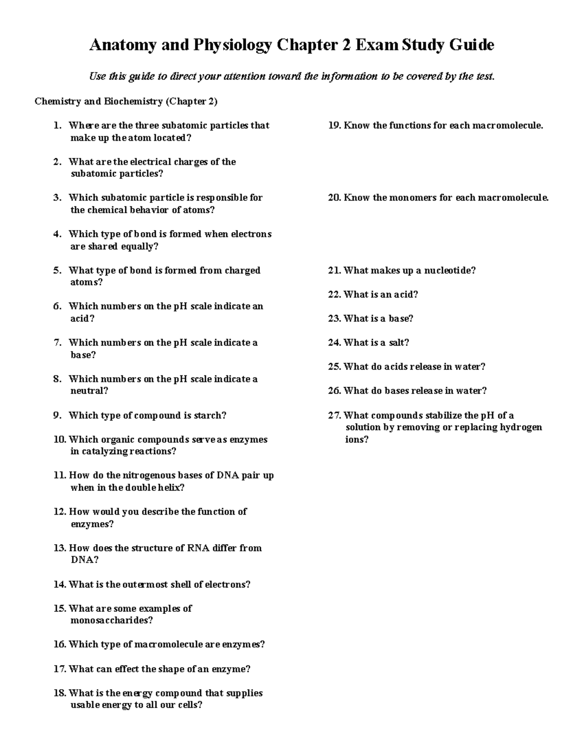 Chapter 2 Study Guide - Anatomy and Physiology Chapter 2 Exam Study Guide Use this guide to ...