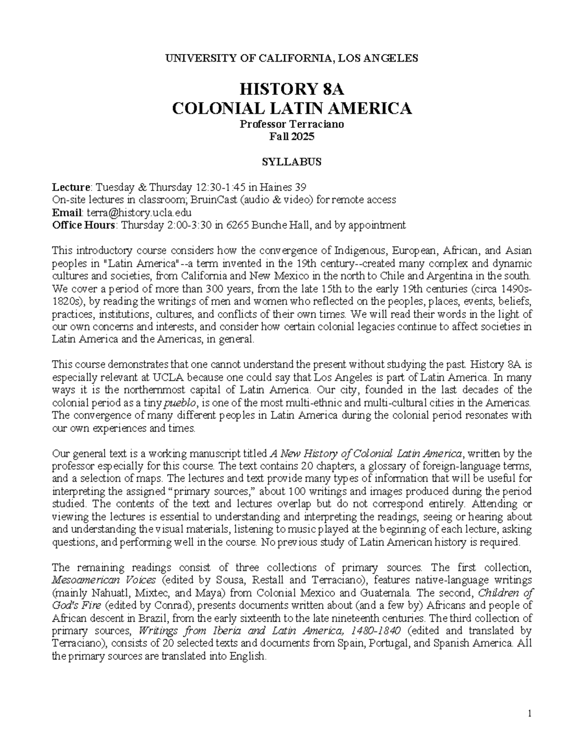 HIST 8A Syllabus: Colonial Latin America - Fall 2025 - Studocu