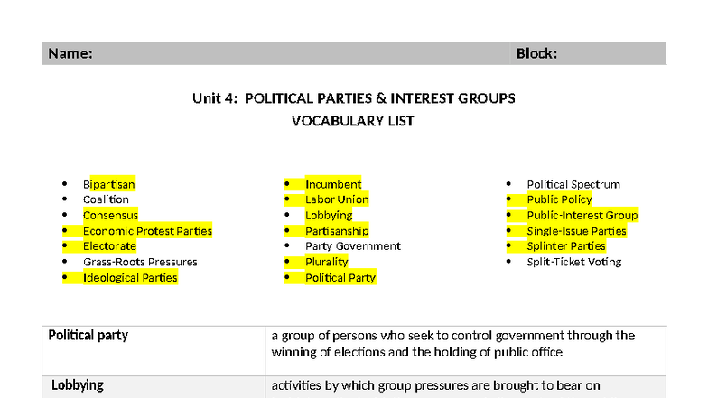 Unit 4: Political Parties & Interest Groups Vocabulary List - Studocu