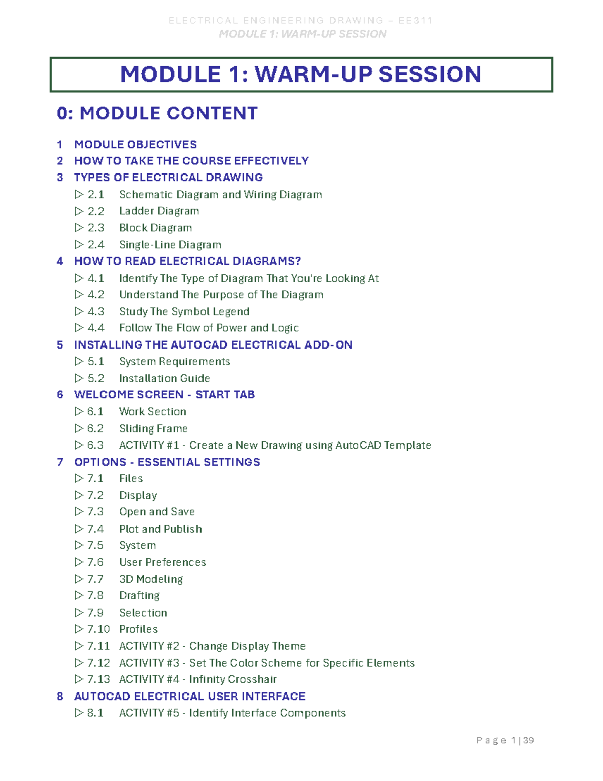 EE311 Electrical Engineering Drawing: Module 1 Overview and Activities ...