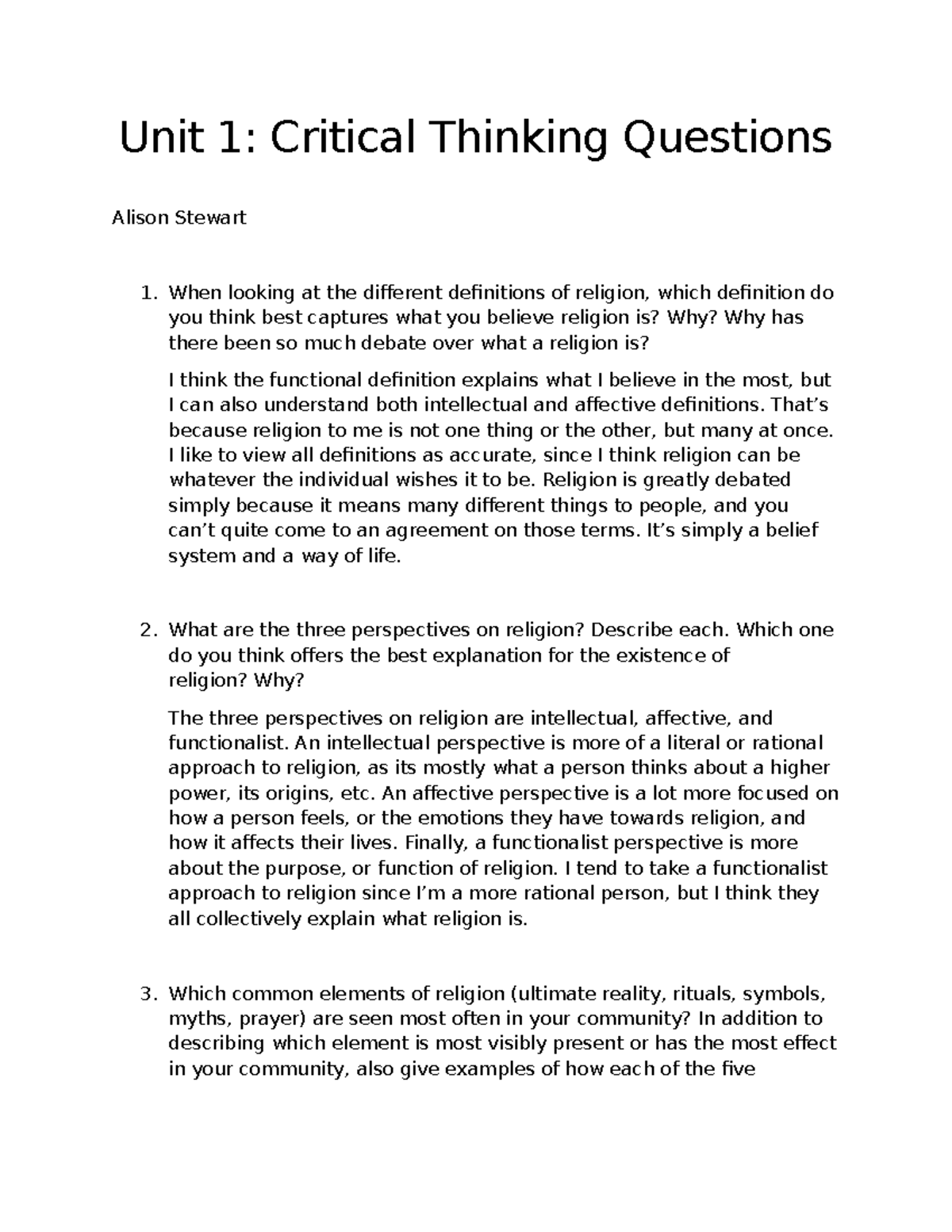 Critical Thinking Unit 1: Perspectives on Religion and Belief Systems ...