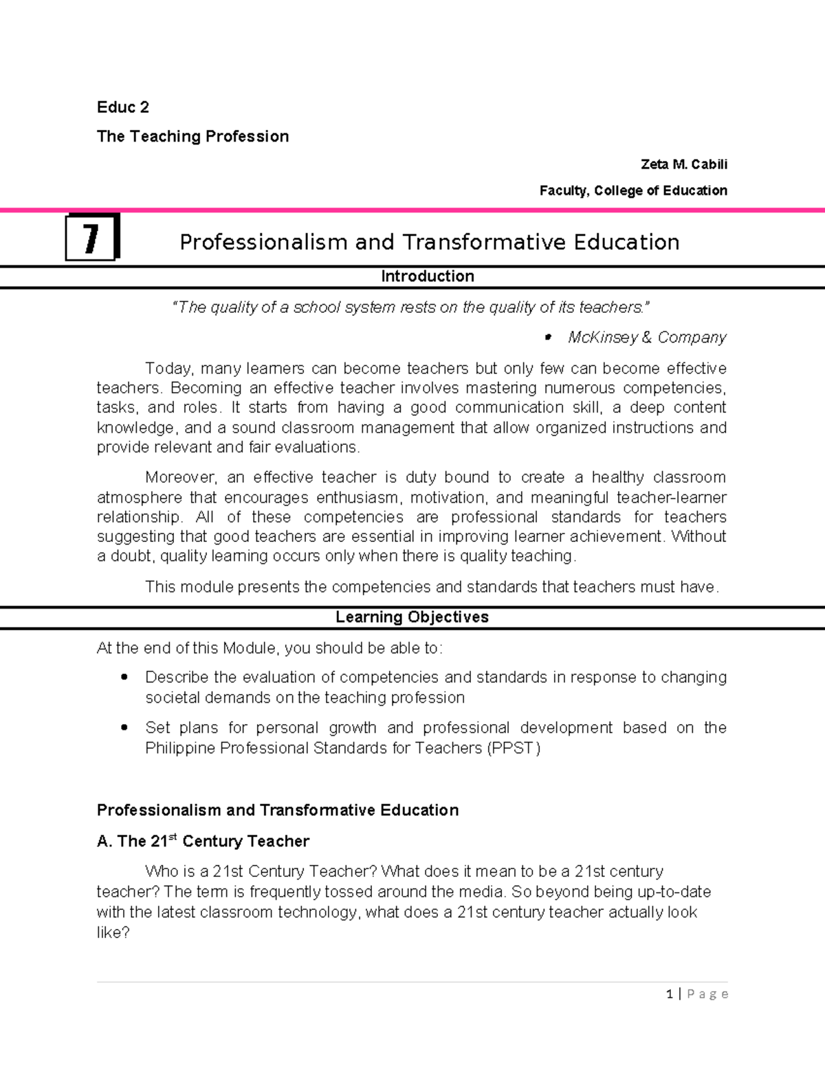 Educ 2 Module 7: Professionalism and Transformative Education Insights ...