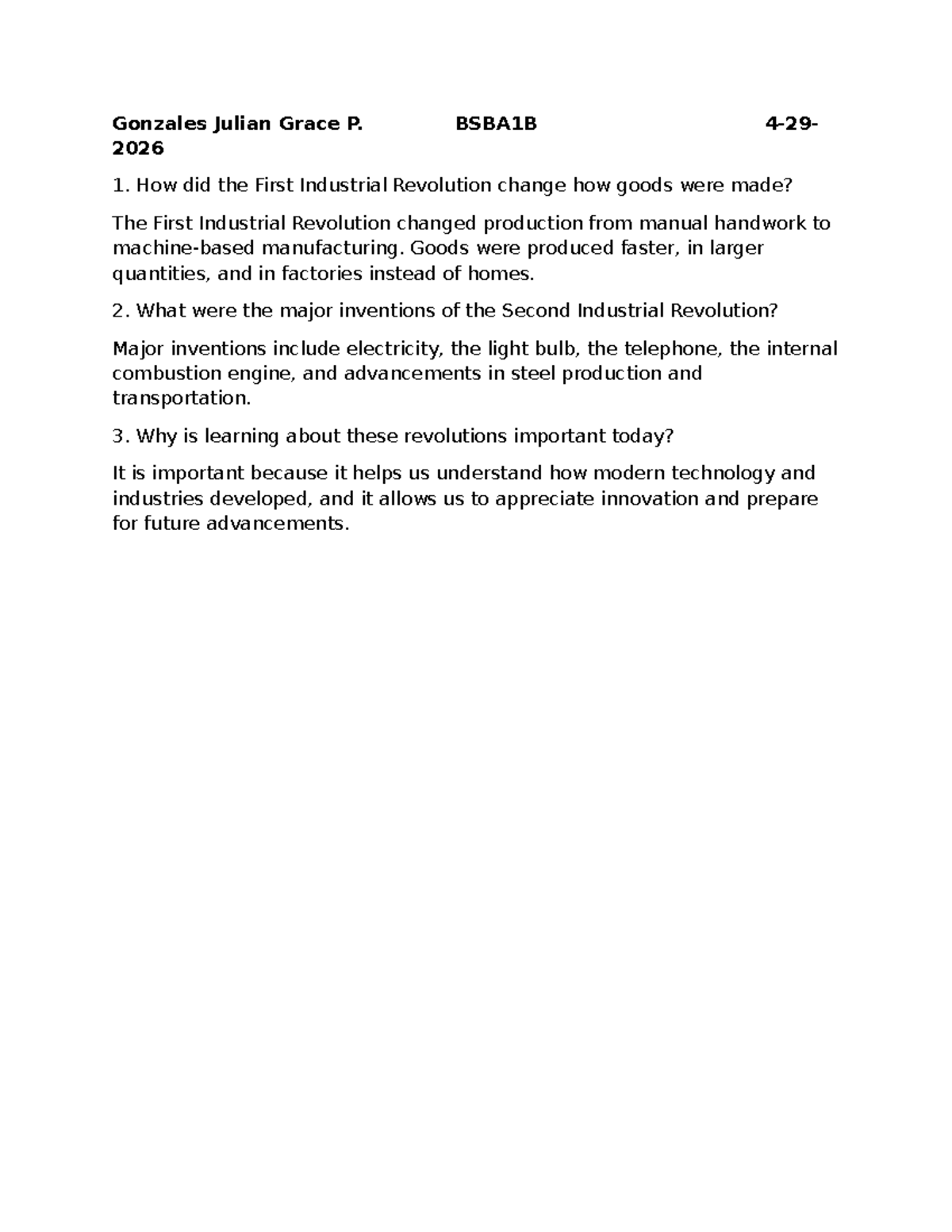BSBA1B Essay Notes: Impact of the Industrial Revolutions - Studocu