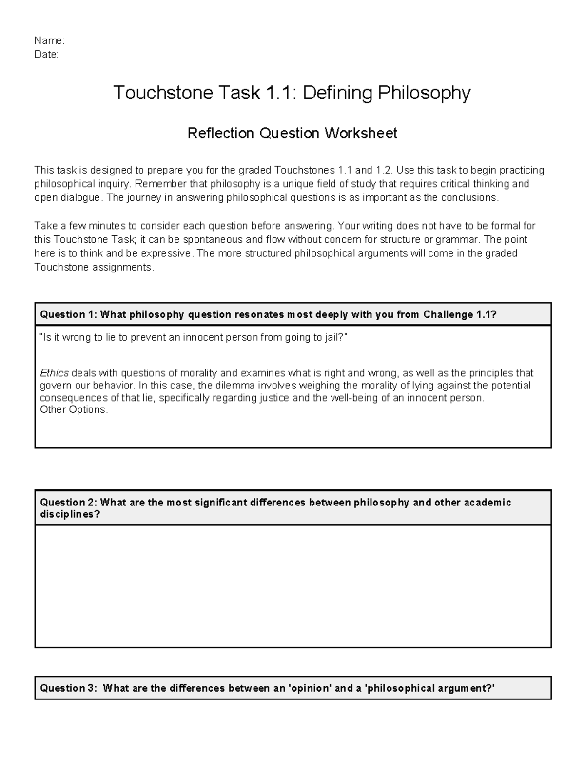 Touchstone Task 1.1: Philosophy Reflection Questions Worksheet - Studocu