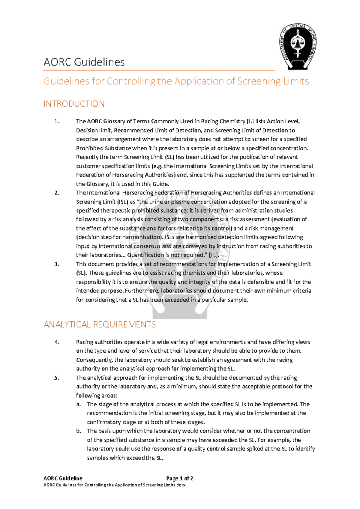 AORC Guidelines for Controlling Screening Limits in Racing - Studocu