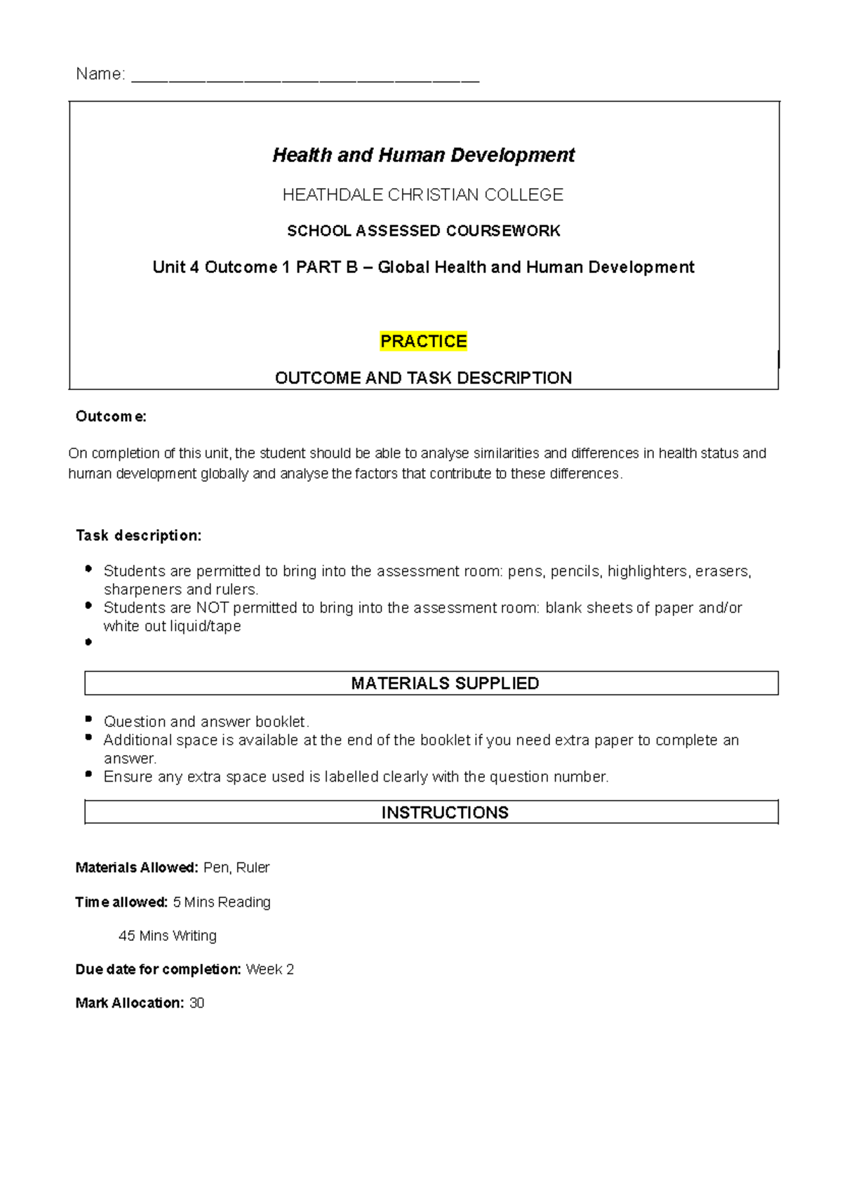 Health and Human Development HHD Year 12 Unit 4 Outcome 1 Practice ...