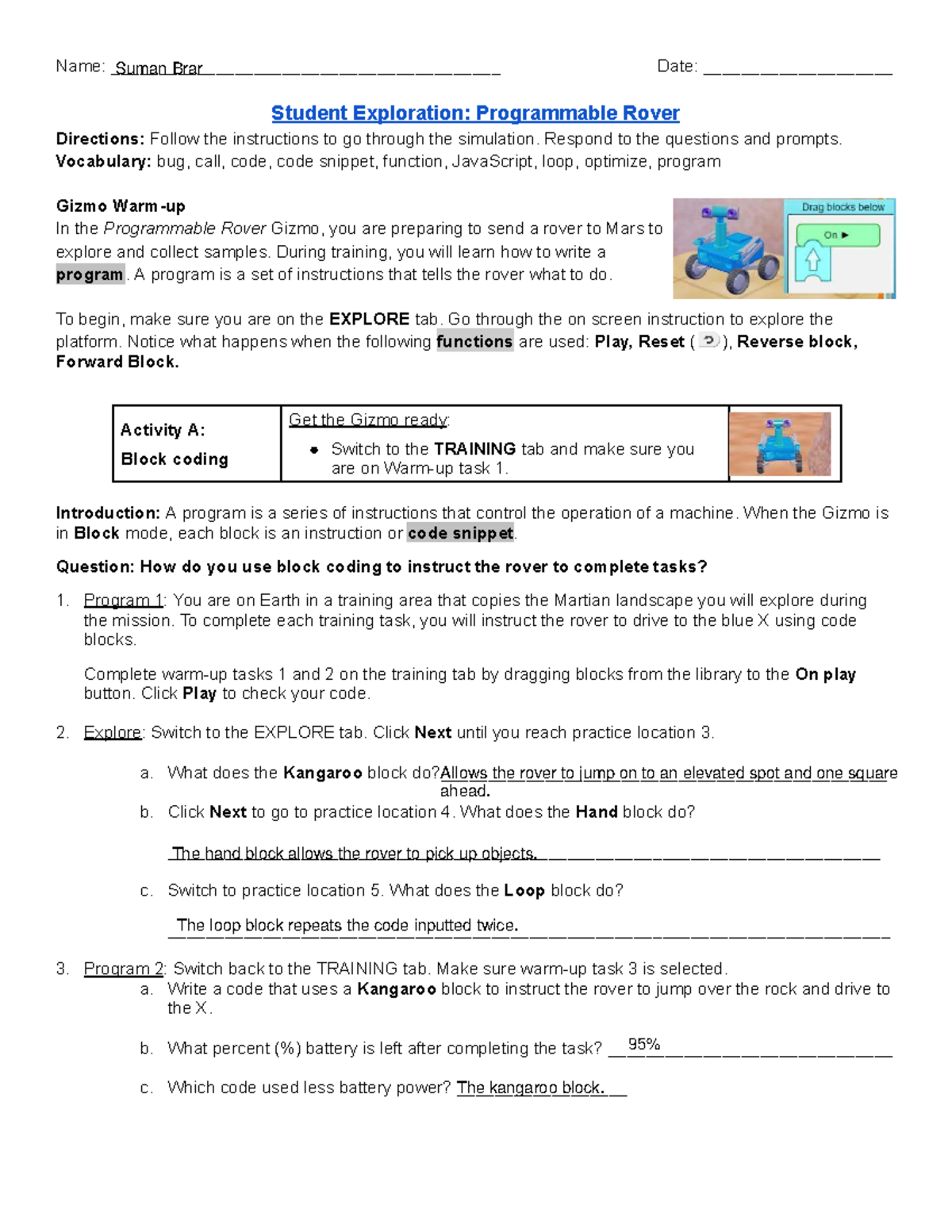 Mars Rover Gizmo Exploration Worksheet: Programming & Optimization ...