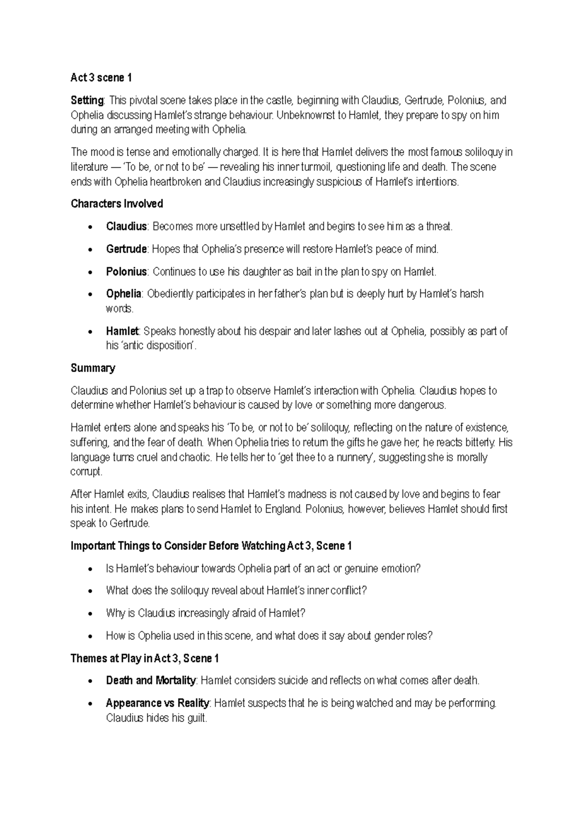 Hamlet Act 3 - Scene Analysis and Key Themes Notes - Studocu