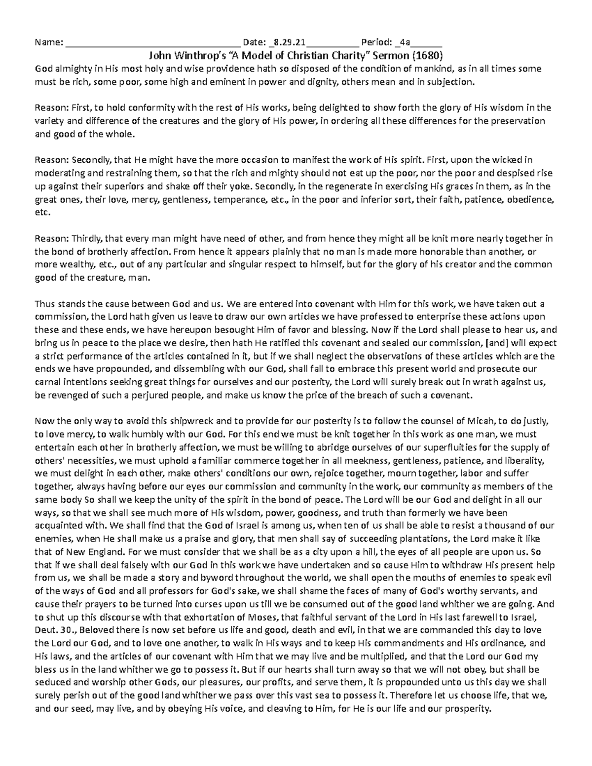 City Upon a Hill Assignment: Analysis of Winthrop's Sermon Insights ...