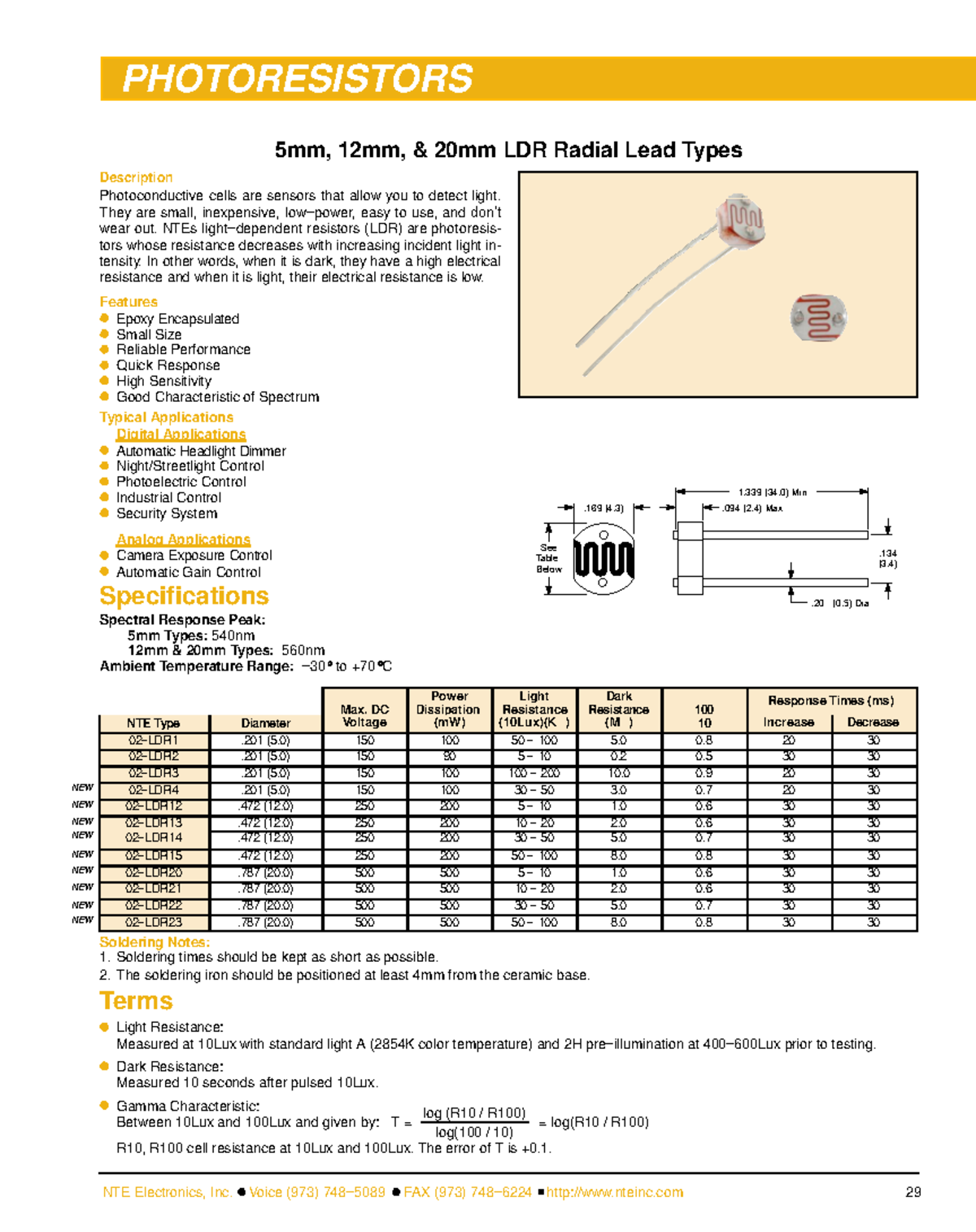 LDR Datasheet: Specifications & Features of NTE Photoresistors - Studocu