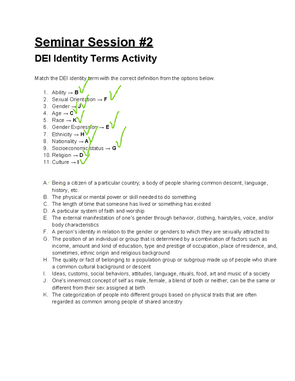DEI Terms Worksheet for Seminar Session: Identity Definitions Match ...