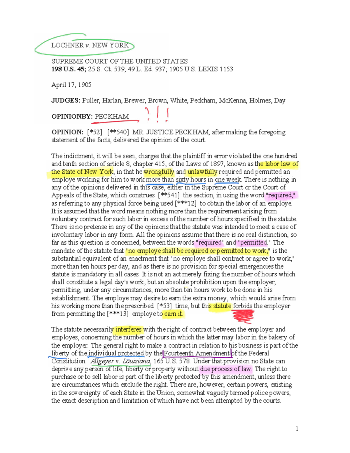 Lochner v. New York: Supreme Court Case Analysis and Notes - Studocu
