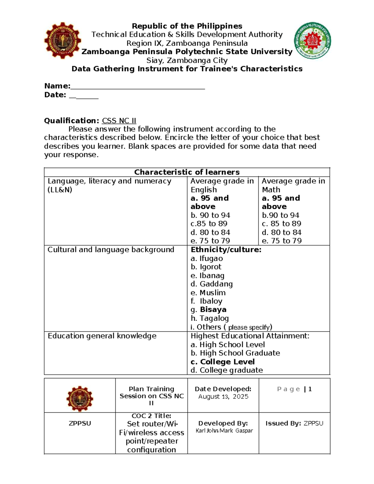 Plan Training Session on CSS NC II: Data Gathering Instrument - Studocu