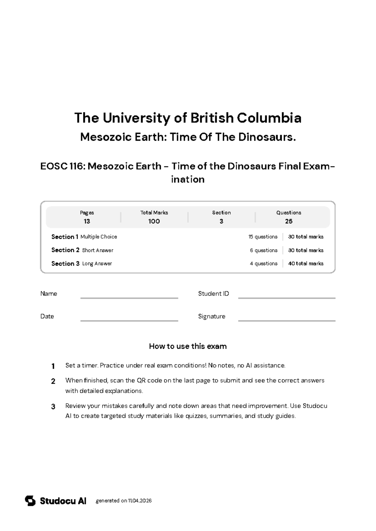 EOSC 116 Mesozoic Earth Final Exam: Dinosaurs & Geological History ...