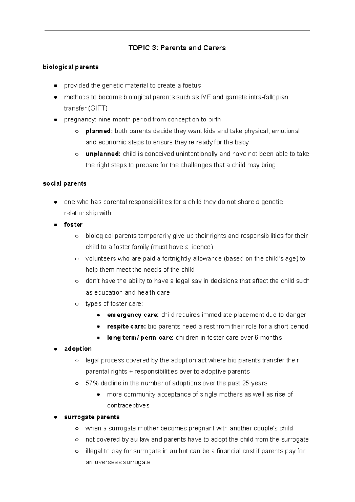 Year 12 CAFS: Comprehensive Notes on Parents and Carers Roles - Studocu