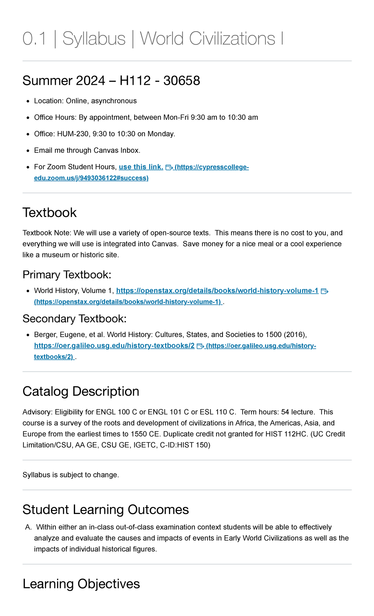 World Civilizations I Syllabus for Summer 2024 (HIST 150) - Studocu