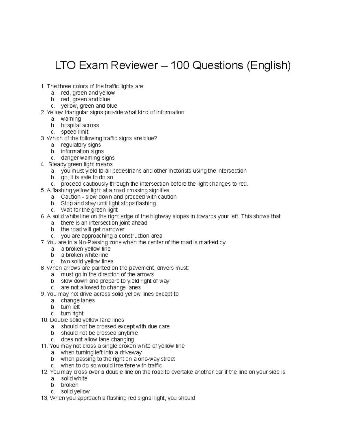 LTO 100 Questions Exam Review: Key Concepts in Traffic Safety - Studocu