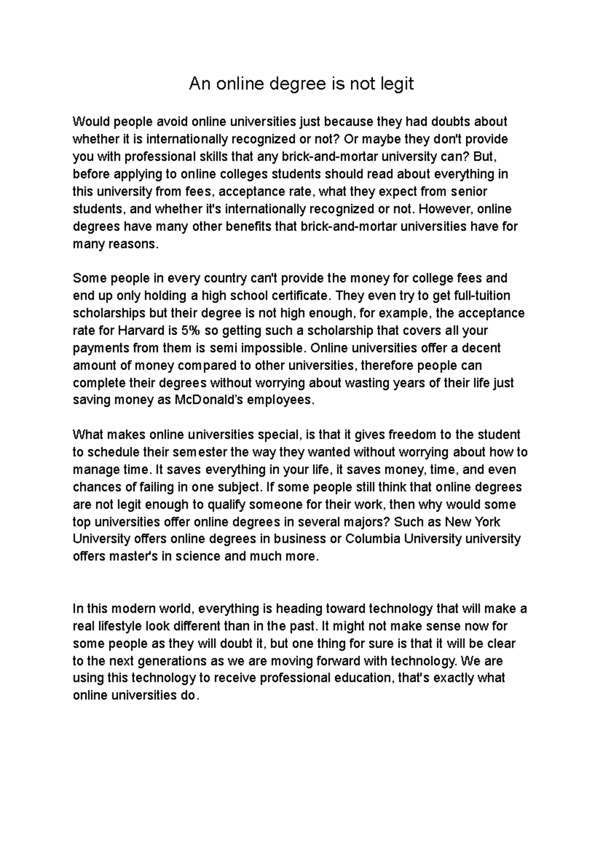 The Legitimacy of Online Degrees: An Argumentative Essay (ARG 102 ...