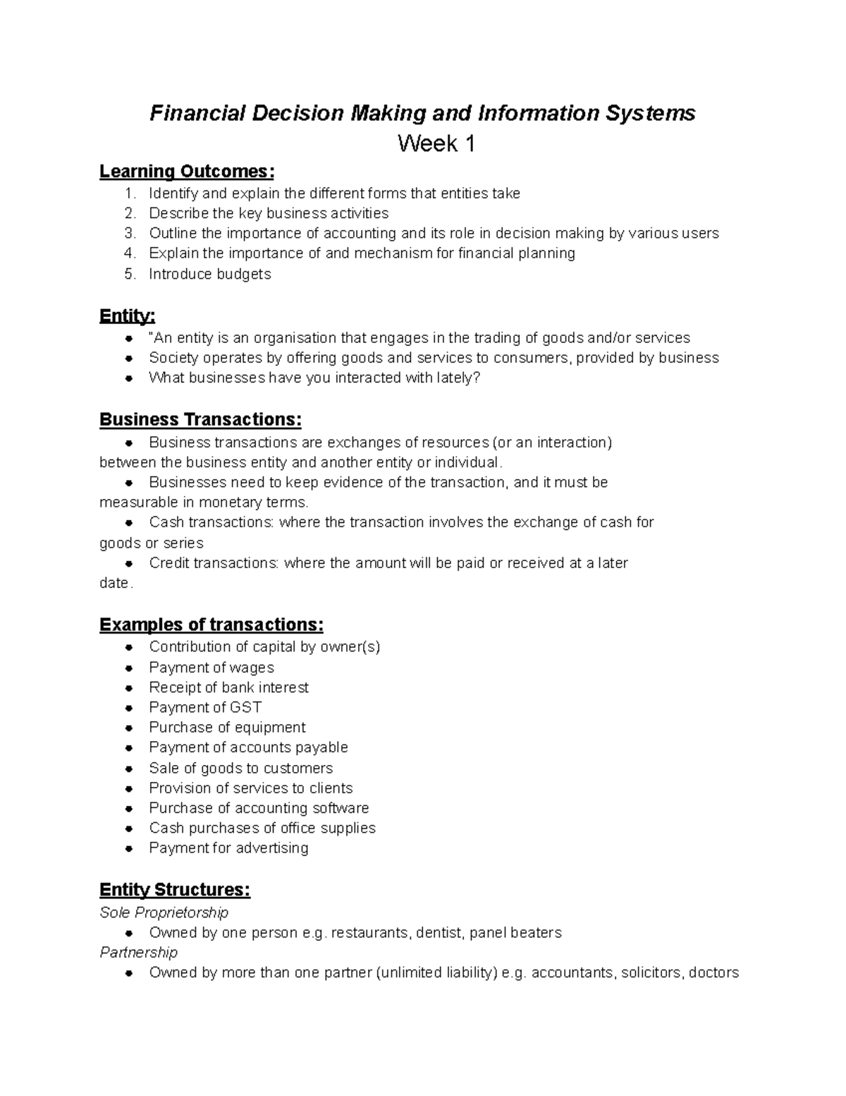 FIN 101: Financial Decision Making - Week 1 Summary and Concepts - Studocu